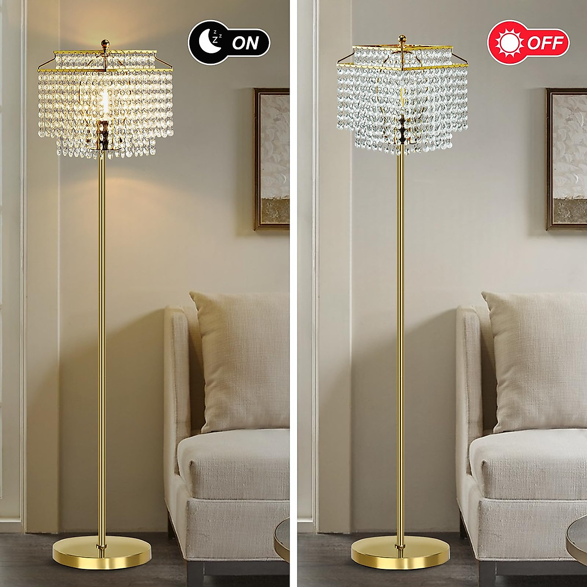 Luvkczc Crystal Floor Lamp Gold, Double-Layer Lampshade, Elegant Standing Lamp, Bedroom Standing Lights, Tall Standing Lamps for Living Room, Bedroom, Office, 8W LED Bulb Included