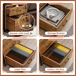 SEDETA 63" Computer Desk, Office Desk with Lock Drawers for Legal/Letter File, Gaming Desk with LED Light & Power Outlet, Home Office Desks for Printer, Rustic Brown