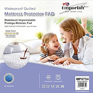 Emporiah Waterproof Mattress Protector Twin Size Noiseless and Breathable Mattress Cover with 14 Inch Deep Pockets Cooling Mattress Topper Quilted Mattress Pad (39 x 75 Inch)