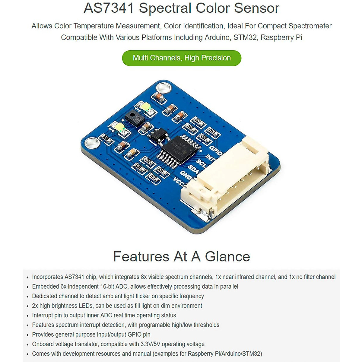 Bicool AS7341 Spectral Color Sensor 8X Visible Spectrum Channels Multi Channels I2C Bus Onboard AS7341 Chip with Color Identification Function for Arduino Raspberry Pi STM32