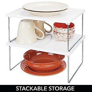 mDesign Metal Stacking Storage Organization for Shelves Inside Cabinets in Kitchen, Pantry, Cupboard, or Fridge/Freezer - Organizer Stand for Food, Plates, Bowls, Mugs, Ligne Collection, 2 Pack, White