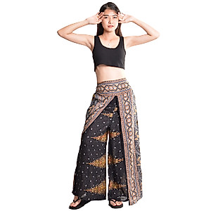 Orient Trail Womens Palazzo Wide Leg Slit Split Leg Yoga Wrap Pants Casual Beach Boho Hippie Bohimian Pilate Flowy Pilates Medium Peacock Black