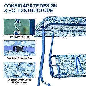 Outsunny Kids Porch Swing, Outdoor 2-Seat Children Patio Chair, Toddler Glider with Adjustable Canopy, Seat Belt for Garden Backyard Shark Pattern