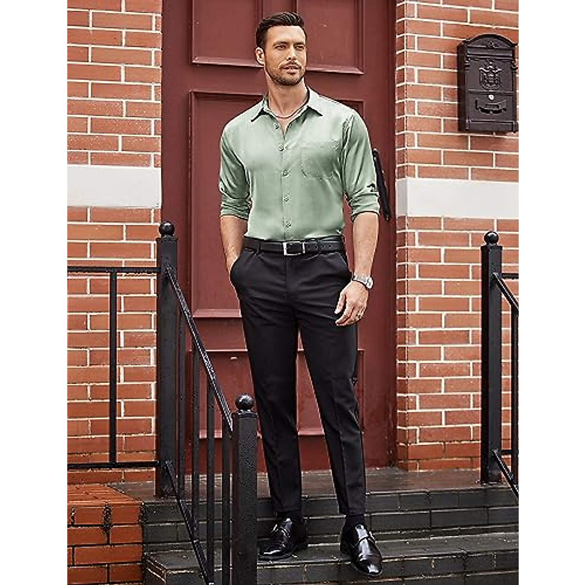 COOFANDY Button Down Shirts for Men Satin Silk Luxury Long Sleeve Shirt Party Wedding Prom (Light Green, Large)