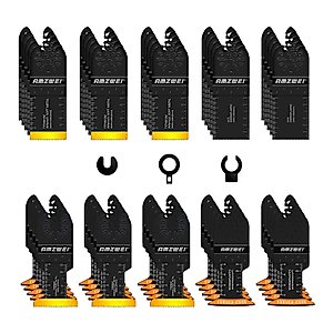 AMZWEI 50PCS Titanium Oscillating Tool Blades, Curved Edge Oscillating Saw Blades for Metal, Wood, Plastic, Quick Release Multi Tool Blades Compatible with Dewalt Milwaukee Ryobi Rockwell Fein