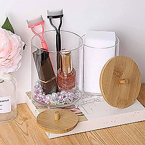 JIEQIJIAJU Cotton Swab Pads Holder, Acrylic Qtip Dispenser 2 Compartment Canisters with Bamboo Lids Cotton Round Holder Cotton Ball Buds Container Clear Apothecary Jars for Bathroom Storage Canister