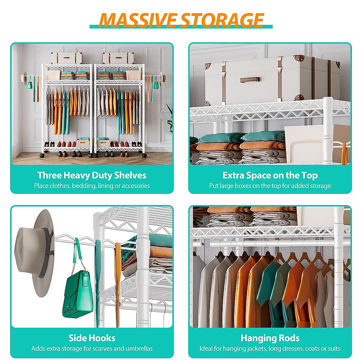 PUNION Heavy Duty Rolling Garment Rack,Portable Clothes Rack for Hanging Clothes,Clothing Rack,Wardrobe Storage Rack with 3 Shelves,1 Hang Rod,1 Side Hook,36" Lx18 Wx71 H, Max Load 500LBS, White,GR1