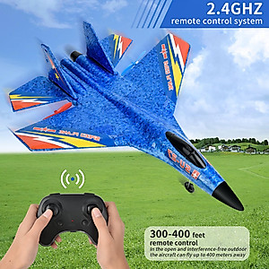 YIDJOFJ RC Gravity Gliders Airplane, Remote Control Plane Su-27 RC Airplane-2.4Ghz 6-axis Gyro RC Airplane with Light Strip, 2 Batteries Easy to Fly Jet Fighter Toy Gift for Kids Beginner (Blue)