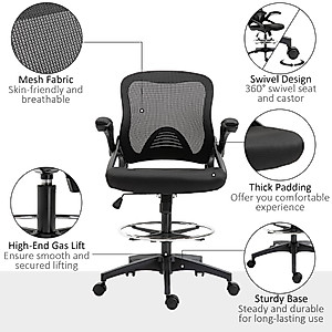Vinsetto Mesh Drafting Chair, Tall Office Chair with Lumbar Support, Flip-Up Armrests, Footrest Ring and Adjustable Seat Height, Black