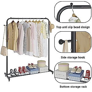 Boeeoan Garment Rack, Freestanding Simple Single Pole Clothes Rack With Wheels, Coat Rack, Multi-functional Rolling Clothing Storage Rack With 2 Hooks for Bedroom, Laundry Room, Living-room, Black