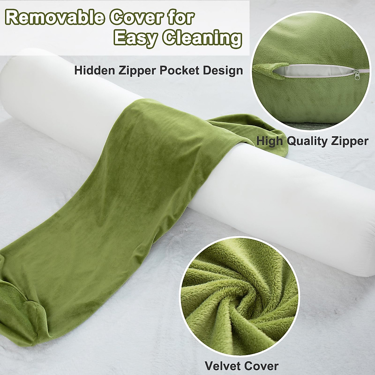 1 MIDDLE ONE Bolster Pillow for Bed, Long Round Body Pillow for Adults with Removable Velvet Cover, Decorative Tube Roll Cylinder Pillow, 47 x 7.87 Inch, Green