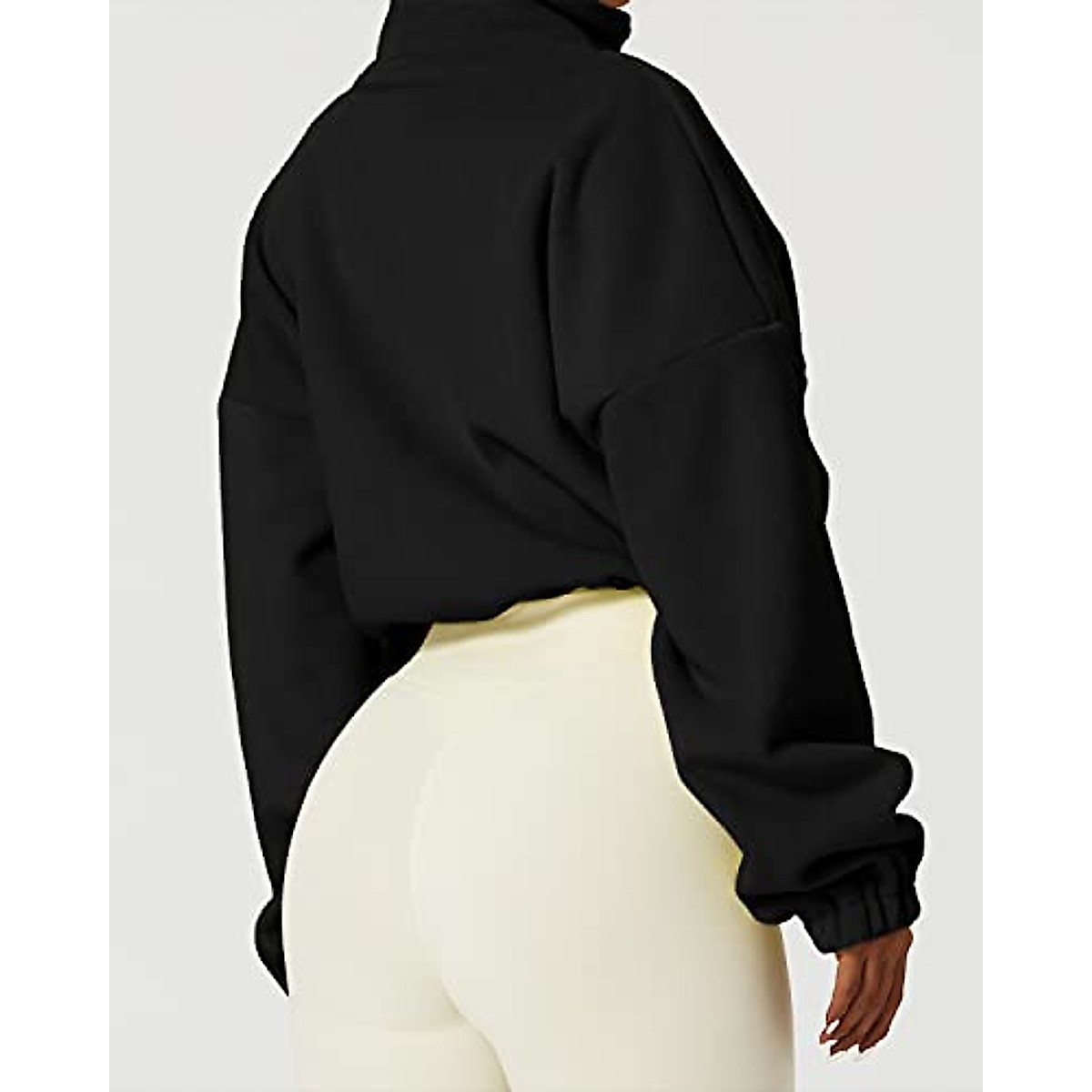 QINSEN Women's Full Zip Fleece Short Jacket Warm Winter Long Sleeve Stand Collar Sherpa Crop Coat Black M