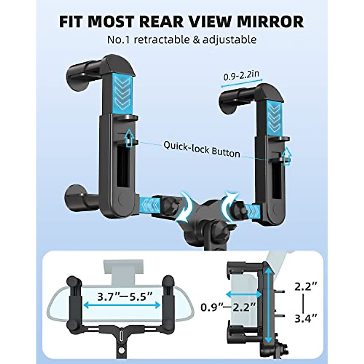 Phone Mount for Car, Large Rear Mirrors Friendly, Rear View Mirror Phone Holder, Upgraded 4 Clip More Stable, 360° Rotatable and Retractable Car Phone Holder Fit All Mobiles & Fits Bigger Vehicle.