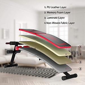 Zimbala Sit Up Bench, Adjustable Utility Slant Board with Reserve Crunch Handle, Abdominal Training Workout Slant Bench for Ab Bench Exercises, Foldable Bench Fitness Equipment for Home Gym (Red)