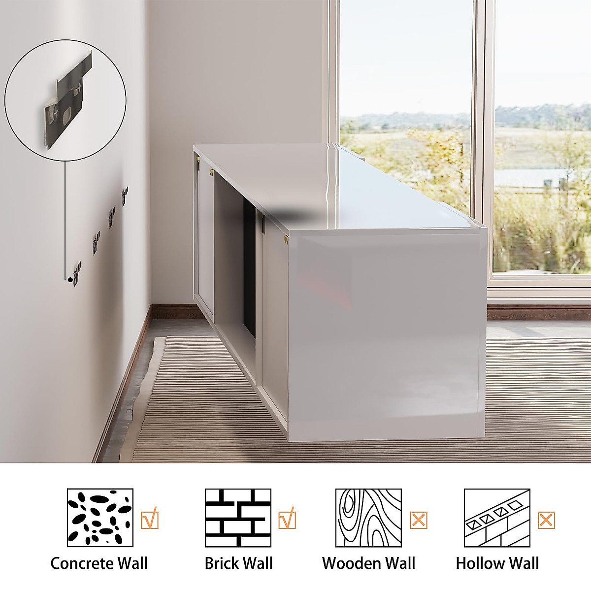 AMERLIFE Floating Fireplace TV Stand, Wall Mounted Mirrored Entertainment Center with 40" Electric Fireplace, Modern LED Lights Media Console for TVs Up to 90", White