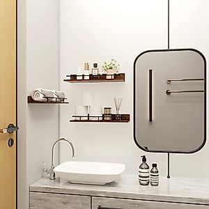 Giftgarden 16 Inch Brown Floating Shelves with Black Metal Guardrail, Wood Shelves for Wall Storage Set of 3, Wall Shelf for Bathroom Bedroom Living Room Kitchen Nursery