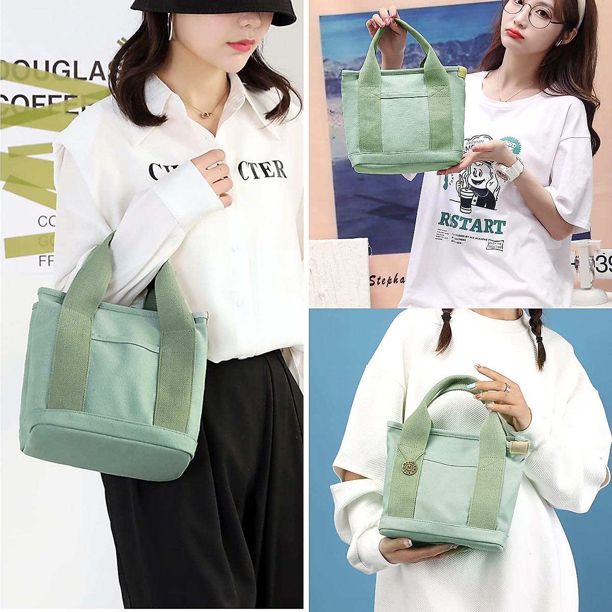Small Canvas Tote Bag for Women Mini Tote Bags with Pockets Small Canvas Handbag Tote Bag with Zipper Mini Tote Purse Mini Travel Bag with Compartments,without Shoulder Strap,Green