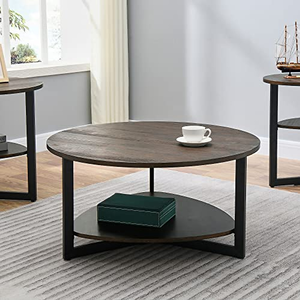 MODERION Round Coffee Table for Living Room, 35.3" Large Farmhouse Cocktail Table with Storage Shelf, Circular Wood Center Tea Table with Metal Leg, Sofa Table, Easy Assembly, Brushed Brown KFZ2338NC