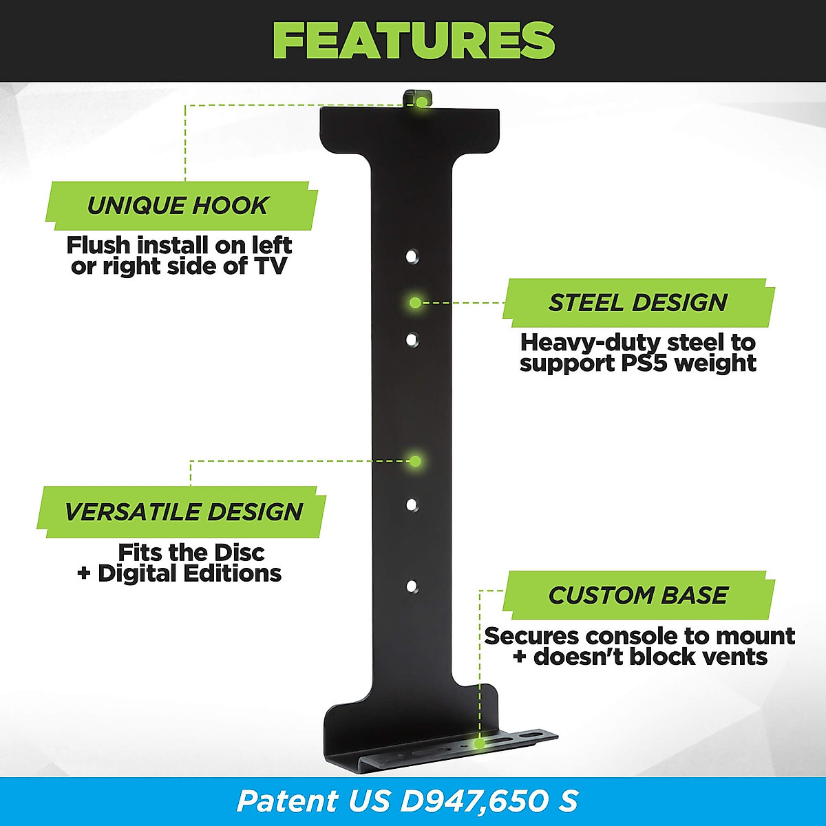 HIDEit Mounts Wall Mount for PS5 - Keeps Your PS5 Cool - Patented Wall Mount for PlayStation 5, American Company - Steel Mount for PS5 (Disc and Digital) - The Original Wall Mount Kit for PS5