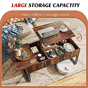 WLIVE Lift Top Coffee Table for Living Room,Modern Wood Coffee Table with Storage,Hidden Compartment and Drawer for Apartment,Home,Retro Brown.