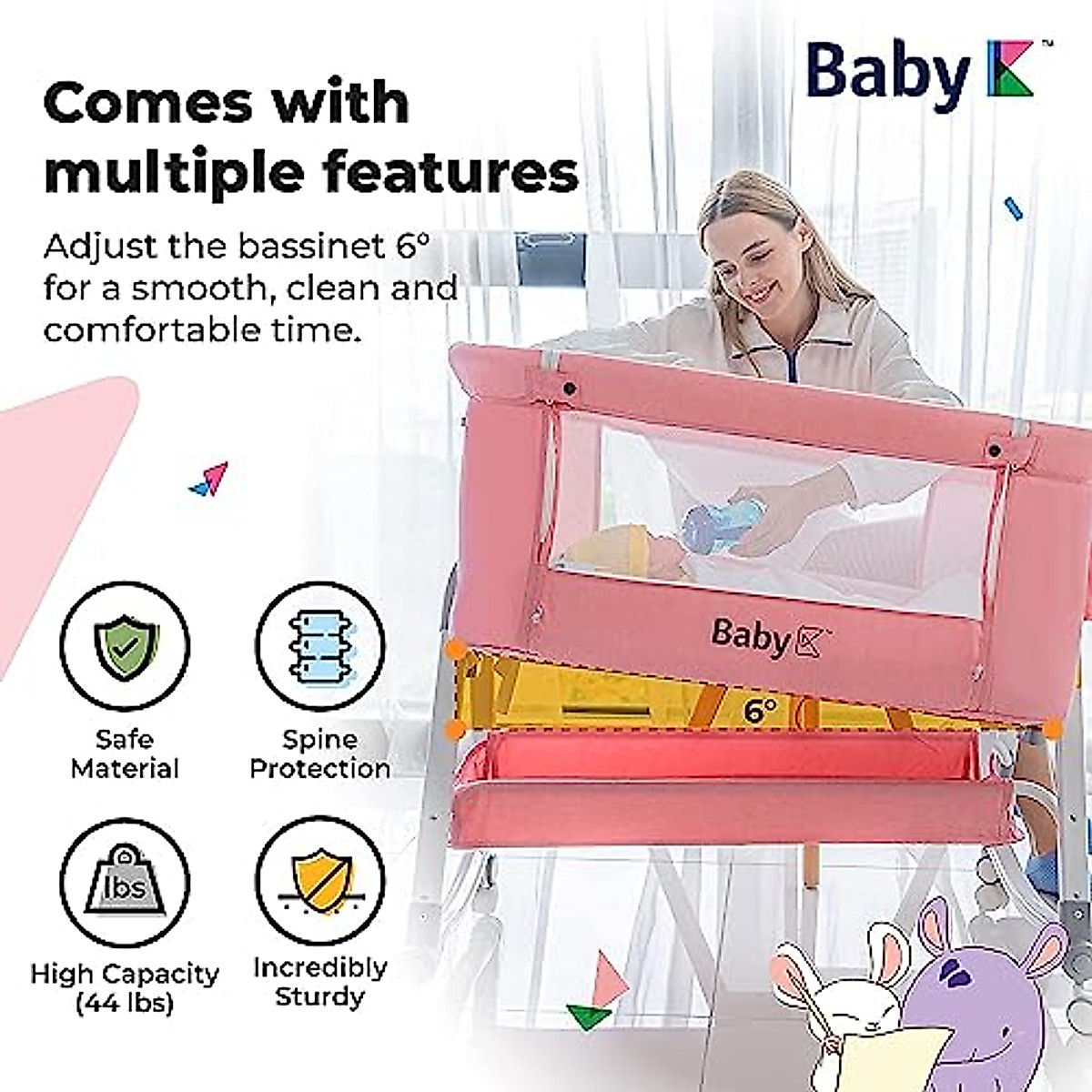 BABY K Baby Bassinet Bedside Sleeper (Pink) - 3 in 1 Bedside Bassinet Crib Attach To Bed - Convertible Bassinet With Breathable Attached Mesh Side and Mattress - Baby Co Sleeper For Bedside For Infant