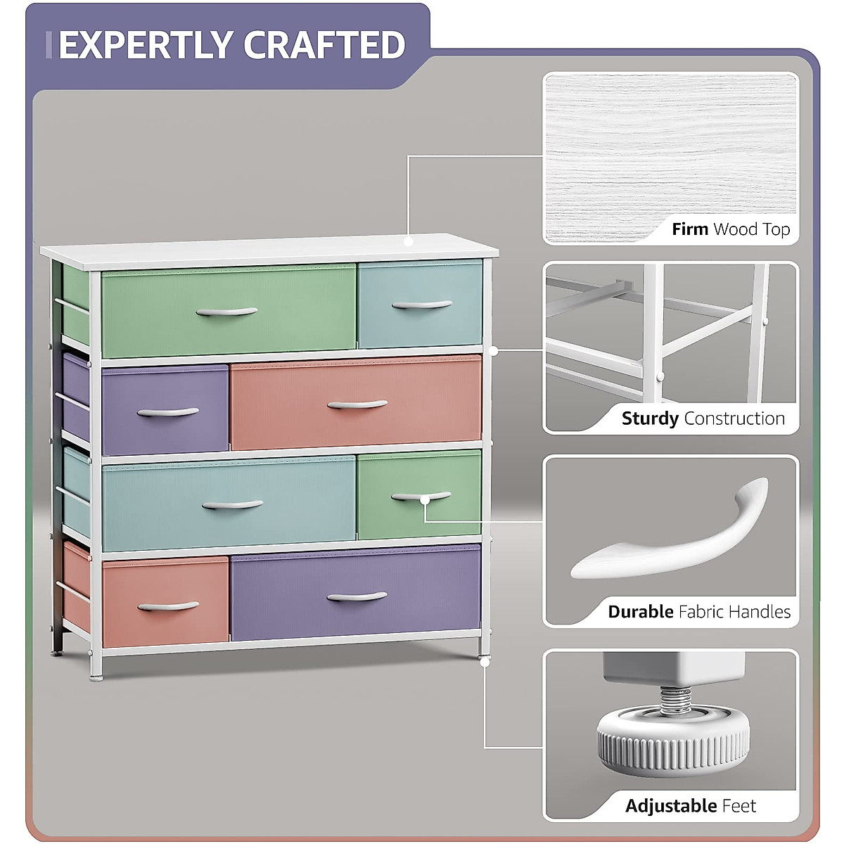 Sorbus Dresser with 8 Drawers - Furniture Storage Chest for Kid’s, Teens, Bedroom, Nursery, Playroom, Clothes, Toys - Steel Frame, Wood Top, Fabric Bins (Pastel)