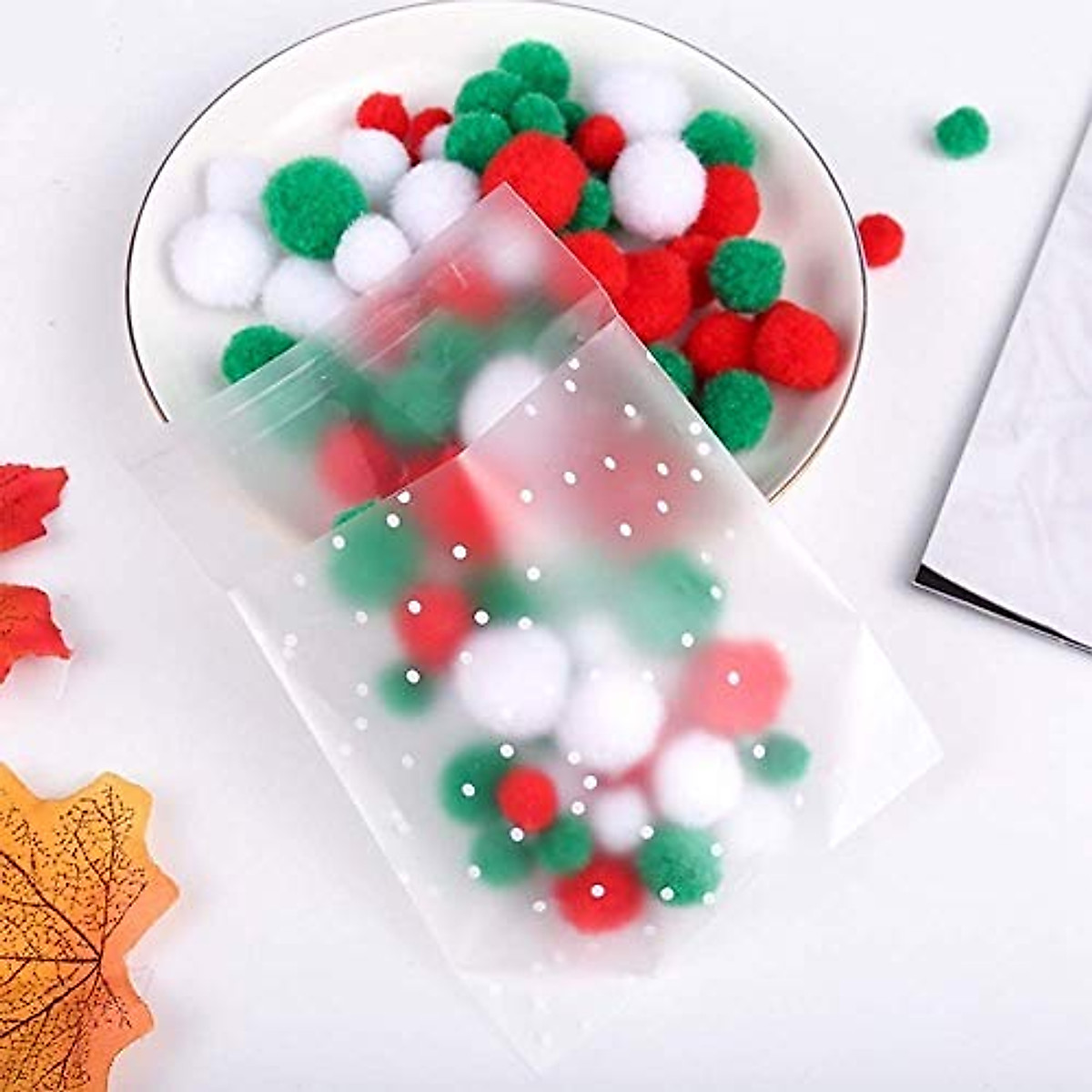 Self Sealing Cookie Bags Cellophane Treat Bags, Searik White Polka Dot Party Pastry Candy Bags For Cookie Wedding Party Gift Giving 100 Bags with 100 Thank You Labels (5.5 x 5.5 inches, 100 Pcs)
