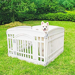 Pet Playpen Foldable Gate for Dogs Heavy Plastic Puppy Exercise Pen with Door Portable Indoor Outdoor Small Pets Fence Puppies Folding Cage 4 Panels Medium Animals House Supplies (33.5x33.5 inches)