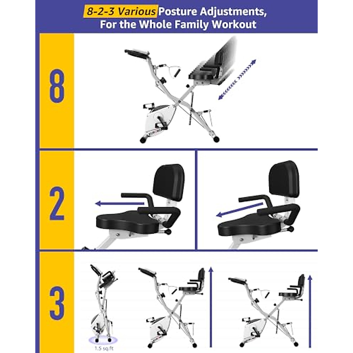 KURONO Stationary Exercise Bike for Home Workout | 4 IN 1 Foldable Indoor Cycling Bike for Seniors | 300 LB Capacity More Magnetic Resistance Seat Backrest Adjustments - White