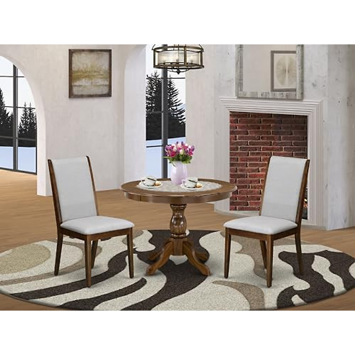 East West Furniture HBLA3-AWA-05 3 Piece Dining Room Furniture Set Contains a Round Dining Table with Pedestal and 2 Grey Linen Fabric Upholstered Chairs, 42x42 Inch, Walnut