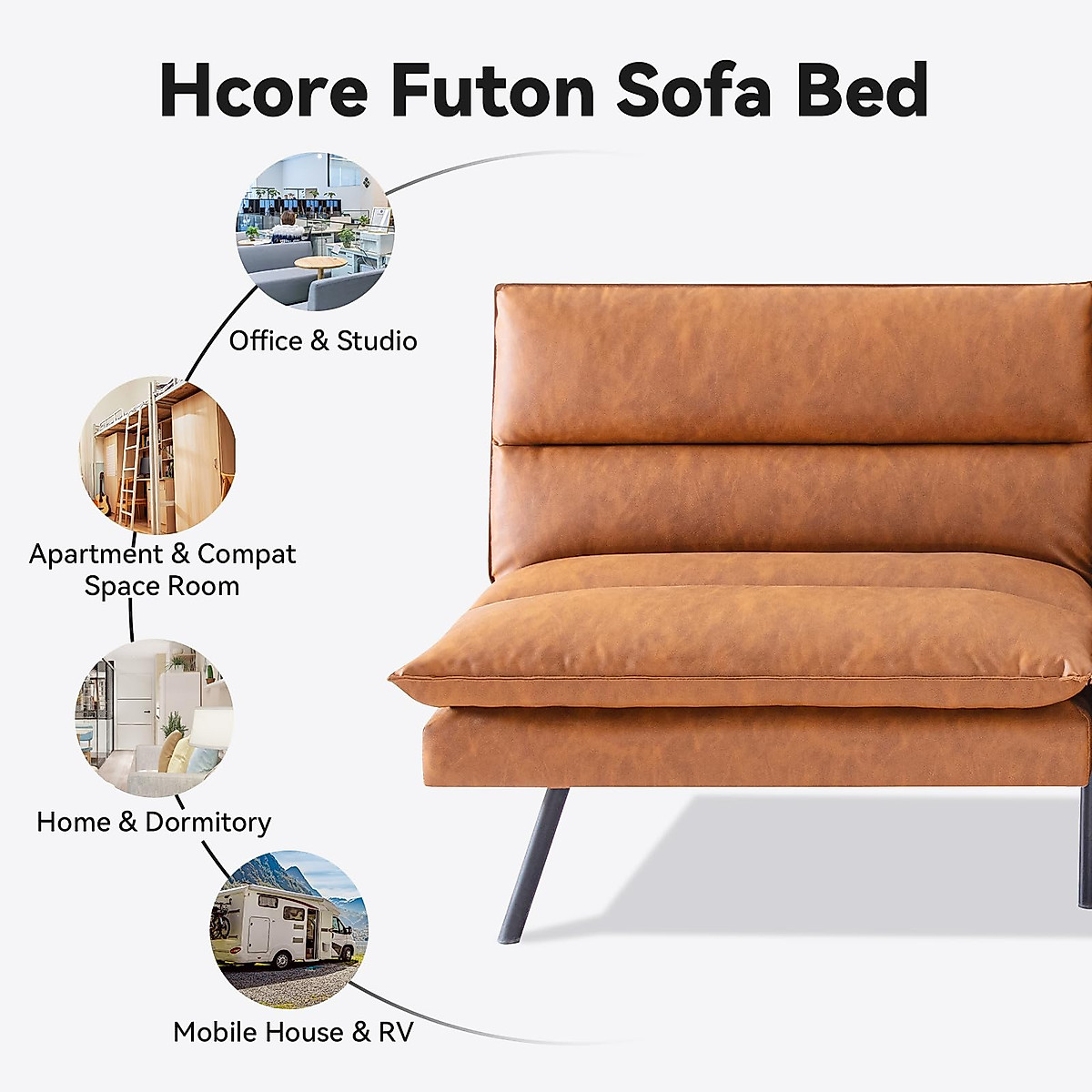 Hcore Convertible Futon Sofa Bed,Brown Faux Leather Memory Foam Loveseat,Small Euro Lounger Sofa for Compact Living Spaces,Apartment,Dorm,Studio,Guest Room,Home Office/Cushion Thickening
