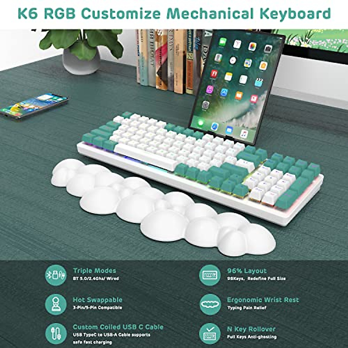 ATTACK SHARK K6 Bluetooth Keyboard 5.0/2.4G/USB-C-96% 100 Keys Wireless Gaming Keyboard 4000mAh Battery Hot Swappable Mechanical Keyboard RGB Wire-Cloud Wrist Rest for Computer Win/Mac(Clicky Blue)