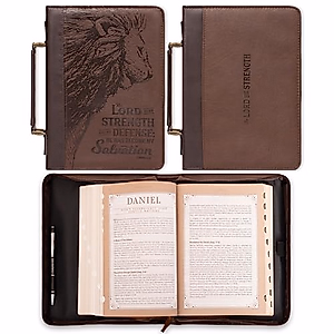 Christian Art Gifts Men's Classic Bible Cover The Lord is My Strength Lion Exodus 15:2, Brown Faux Leather, Large
