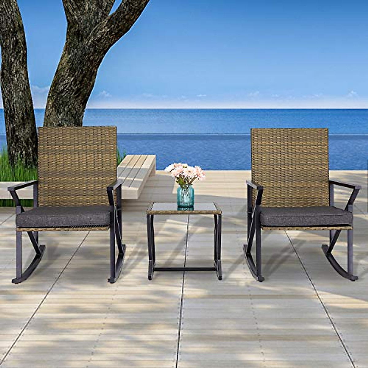 kinbor Outdoor Rocking Chairs, Rocking Patio Furniture 2 Chairs and Table, Outdoor Bistro Set for Patio Porch Backyard Deck Pool Balcony