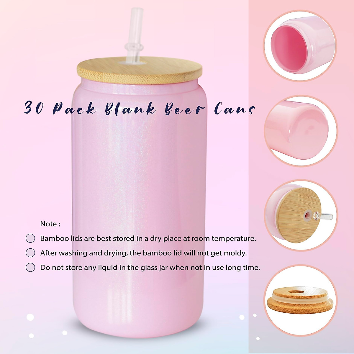 VEVELU 30 Pack Sublimation Glass Cups with Lids and Straws 16oz Shimmer Sublimation Beer Glasses Can Blanks Tumblers Sparkling Iridescent Glass Cups with Bamboo Lid Drinking Juice Jars Iced Coffee Cup