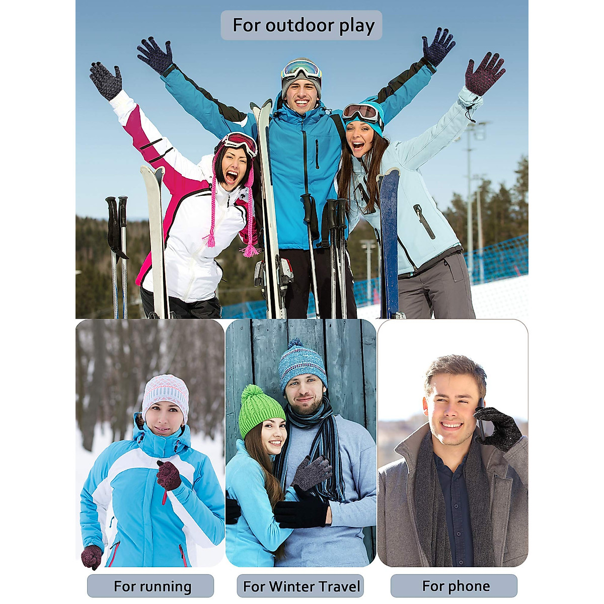 SATINIOR 4 Pairs Winter Knit Touchscreen Gloves Warm Texting Gloves Elastic Anti-slip Gloves for Adults (Black, Black Red, Black White, Navy, M)