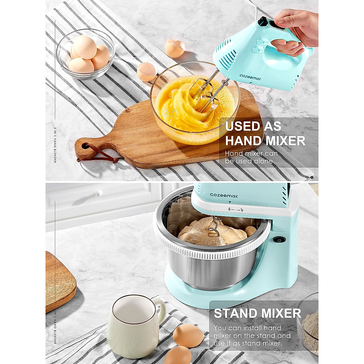 2 in 1 Hand Mixers Kitchen Electric Stand mixer with bowl 3 Quart, electric mixer handheld for Everyday Use, Dough Hooks & Mixer Beaters for Frosting, Meringues & More (Aqua)