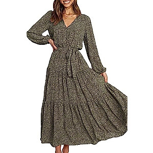 PRETTYGARDEN Women's Long Sleeve V Neck Leopard Print Ruffle Maxi Dress Tie Waist Boho Chiffon Flowy Long Dress (Green, Small)