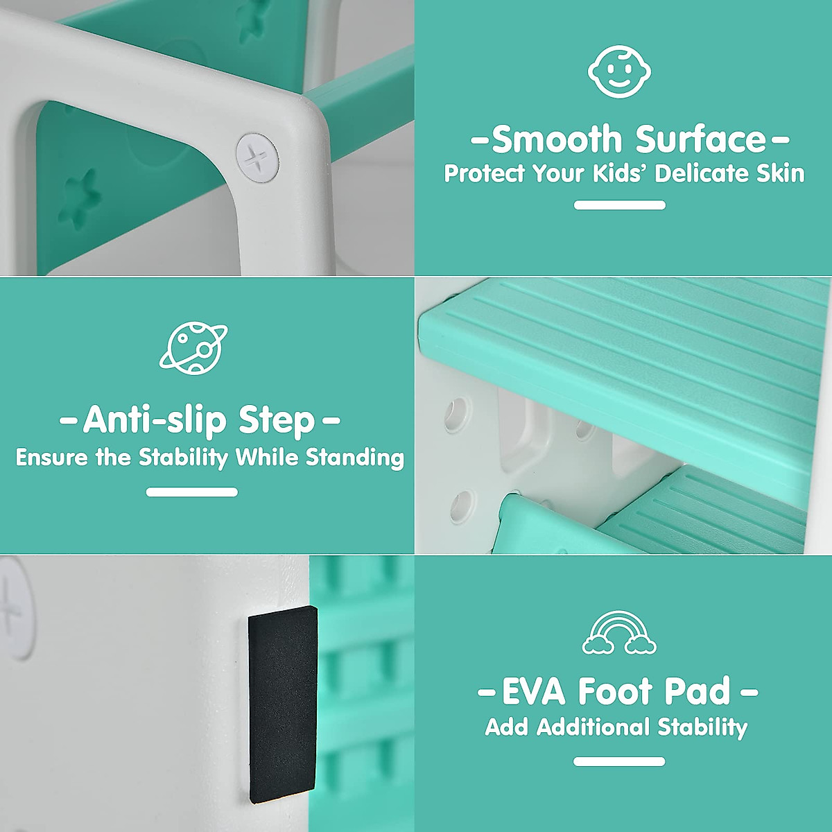 Costzon Kids Kitchen Step Stool with Double Safety Rails, Toddler Learning Stool with 3 Adjustable Heights and Non-Slip Foot Pads, Toddler Tower for Kitchen Countertop and Bathroom (Green)