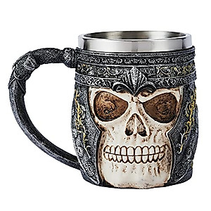 Coffee Mug, Stainless Steel Viking Warrior Skull Beer Mugs Resin Stein Tankard Drink Cup, Gift for Men Birthday,Skull Lover,Halloween & Bar Decor