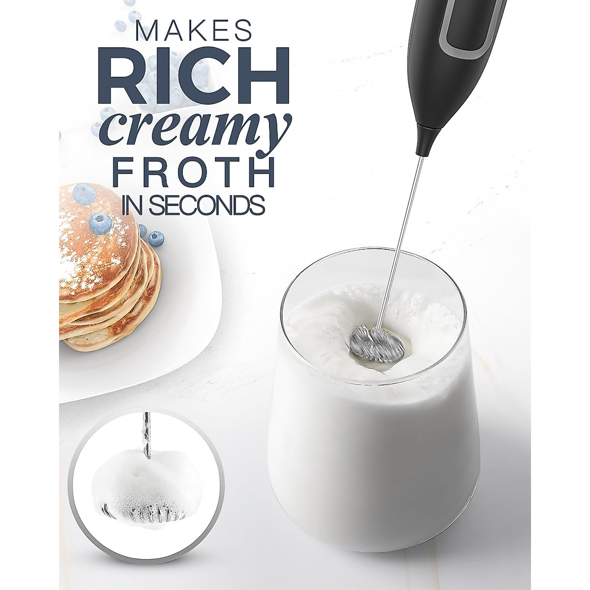 Milk Frother Handheld Battery, Electric Foam Maker Frother Wand, Drink Mixer with Stainless Steel Whisk for Coffee, Matcha, Lattes, Cappuccino Black