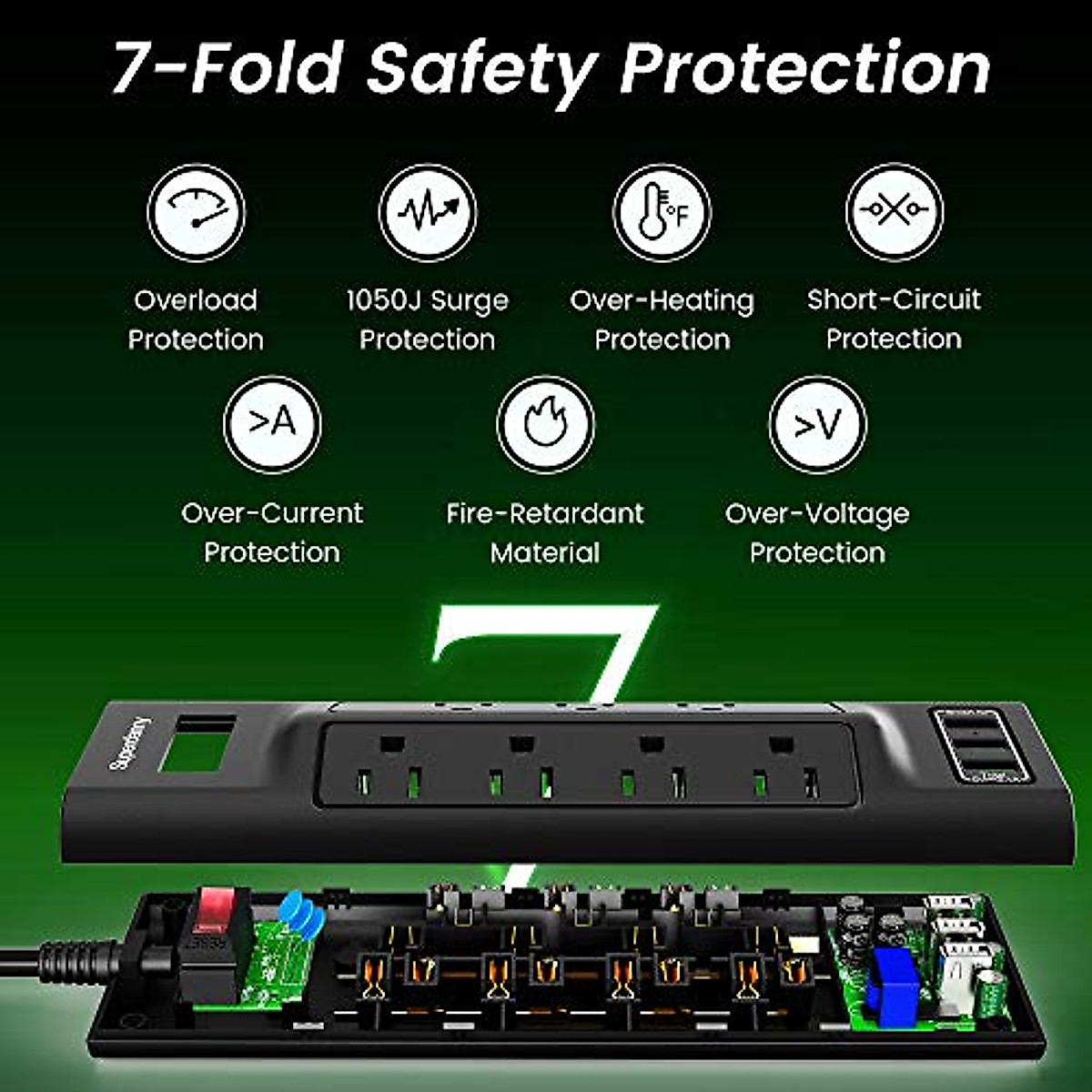 10 Ft Surge Protector Power Strip with USB, 7 Outlets and 3 USB Ports, SUPERDANNY 3-Prong Extension Cord, Wall Mountable for Home Office Dorm, Black