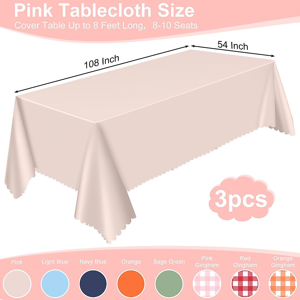 NatNarr 3 Pack Plastic Pink Tablecloth, 54 X 108Inch Disposable Pink Scalloped Edge Table Cloth for Rectangle Tables Waterproof Pink Table Cover for Baby Shower Birthdays Weddings Decor