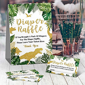 Diaper Raffle Sign & Cards, Dinosaur Themed For Baby Showers, Diaper Raffle Baby Shower Game Kit (1 Standing Sign + 50 Guessing Cards), Bring A Pack Of Diapers Game