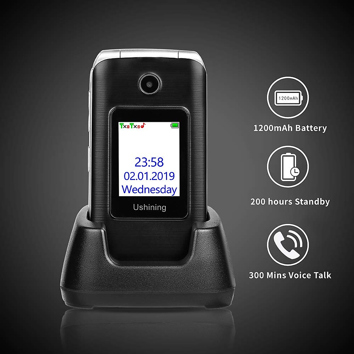 USHINING 4G Senior Flip Phone Unlocked with Speed Talk SIM Card Big Button Clear Sound Seniors Cell Phone for Elderly with Charging Dock (Black)