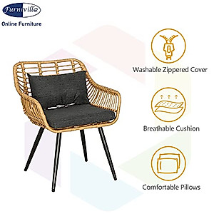 Furnivilla Patio Porch Furniture Sets 3 Pieces PE Rattan Wicker Chairs with Tempered Glass Table for Backyard Garden Porch (Beige/Black)
