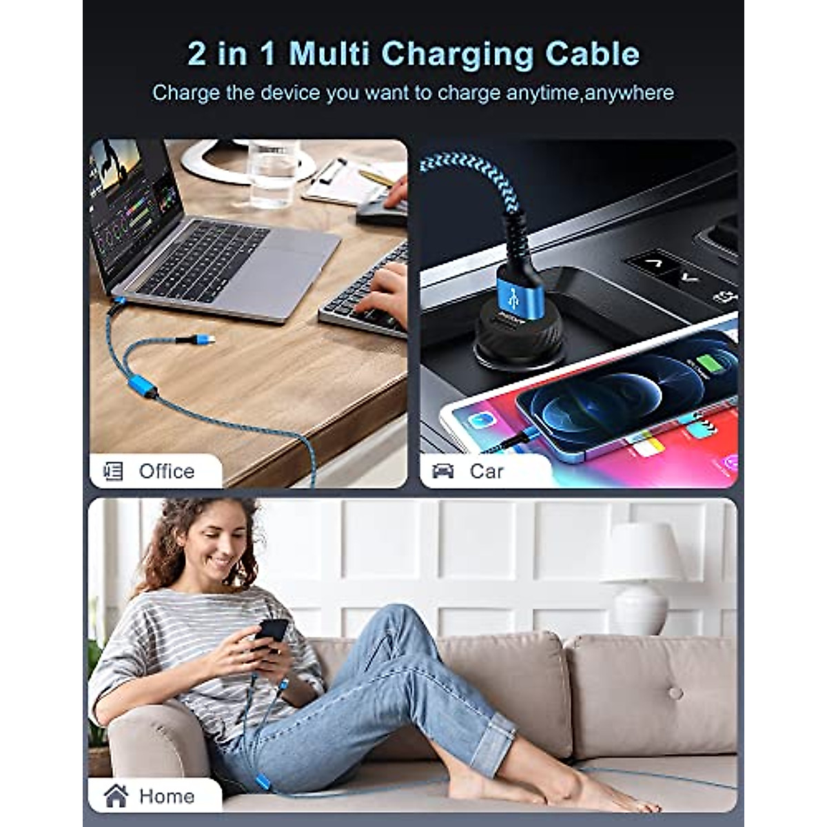 Multiple Charger Cable 2 in 1 iPhone and Android USB Charging Cable, 4ft Nylon Braided Multi Charging Cable with Type-C/Lightning Port Compatible with iPhone 14 Pro Max/14/13/12, iPad, Samsung, Google