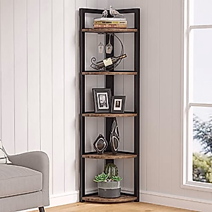 Tribesigns 5 Tier Corner Shelf, Rustic Corner Bookshelf Small Bookcase Storage Rack Plant Stand for Living Room, Home Office, Kitchen, Small Space (Brown)