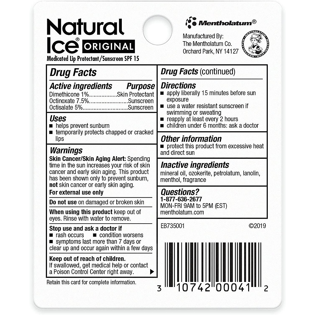 Mentholatum Natural Ice Lip Balm Original SPF 15 1 Each ( Pack of 3)