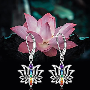 Chakra Earrings Lotus Flower 7 chakra Stones Leverback Earrings for Women Dangle Yoga Lotus Jewelry Balance Meditation